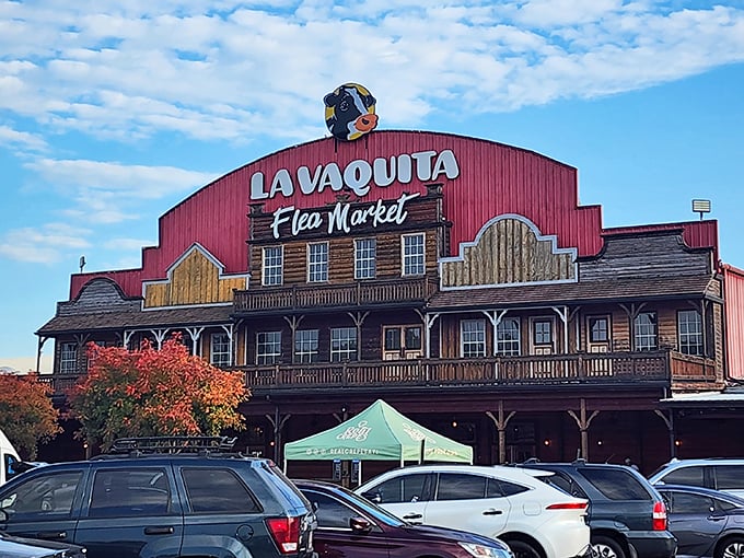 La Vaquita's striking red building with its Western-style facade stands out like a friendly landmark along the highway.