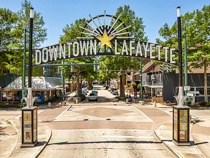 Downtown Lafayette's welcoming archway proves that Southern hospitality starts before you even park the car.