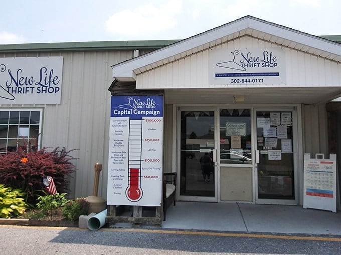 New Life Thrift Shop's tidy entrance promises organized treasure hunting inside. No chaotic rummaging required at this gem!