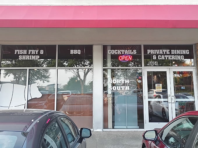 North and South's windows advertise the holy trinity of Wisconsin dining: Fish Fry, BBQ, and Cocktails. The midwest trifecta!