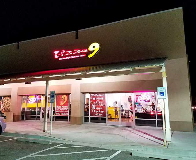 Late-night pizza cravings have met their match! Pizza 9's glowing storefront promises Chicago-style satisfaction in the heart of Albuquerque.