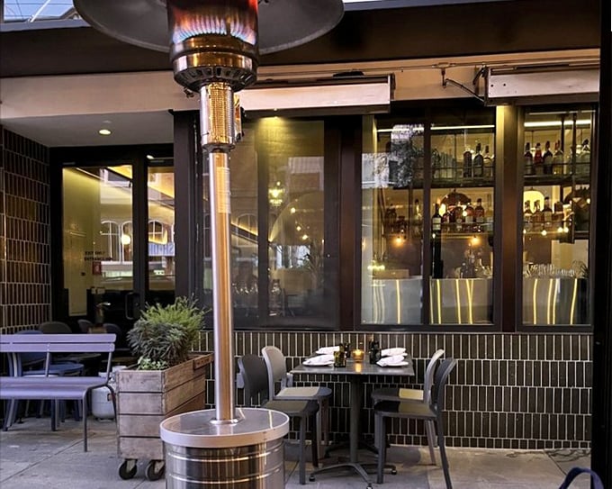 Delfina's sleek storefront whispers sophistication while the wood-fired oven inside roars with authentic Italian passion.