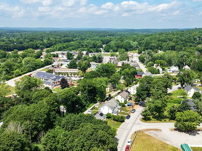 An aerial view of Plainfield reveals affordable homes nestled among lush greenery, showcasing the town's rural appeal and spacious properties.