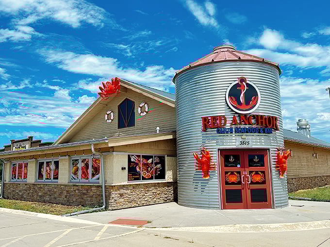 The Red Anchor's silo entrance with giant lobsters says, "Yes, we're serious about seafood in the heartland!"