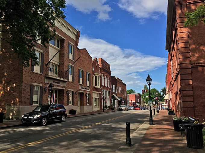 Historic brick buildings line Main Street in Rogersville, where small-town charm meets affordable living under blue Tennessee skies.