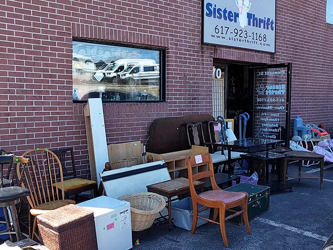 Sister Thrift's brick building exterior hides a treasure trove of furniture, housewares, and unique vintage finds waiting inside.