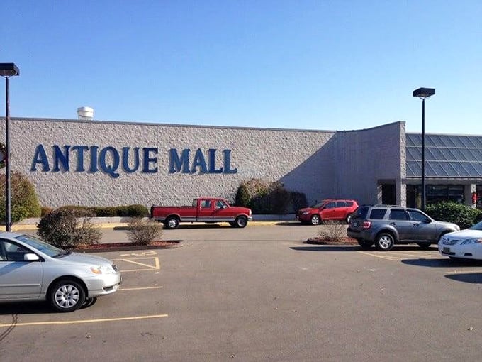 South County Antique Mall's unassuming exterior hides a wonderland of vintage clothing and retro treasures waiting to be discovered.