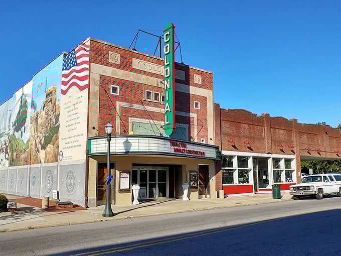 Tarboro's Colonial Theatre stands proud with murals that celebrate local history and community spirit.