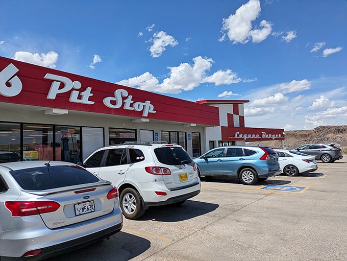Route 66 nostalgia meets modern appetite satisfaction at this classic red-and-white roadside American dream come true.