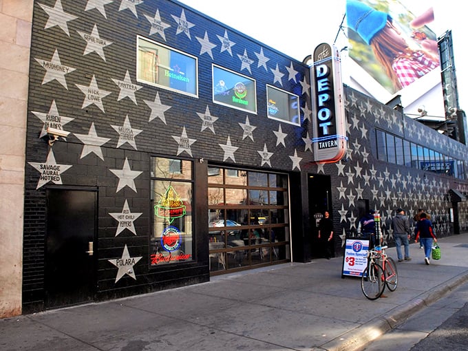 The Depot's star-studded exterior isn't just for show – inside, hot dogs worthy of rock star status await your appetite.