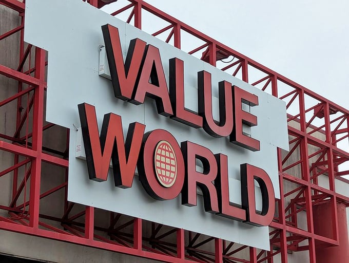 Value World's bold red signage promises exactly what it delivers—a world of values waiting to be discovered by patient explorers.