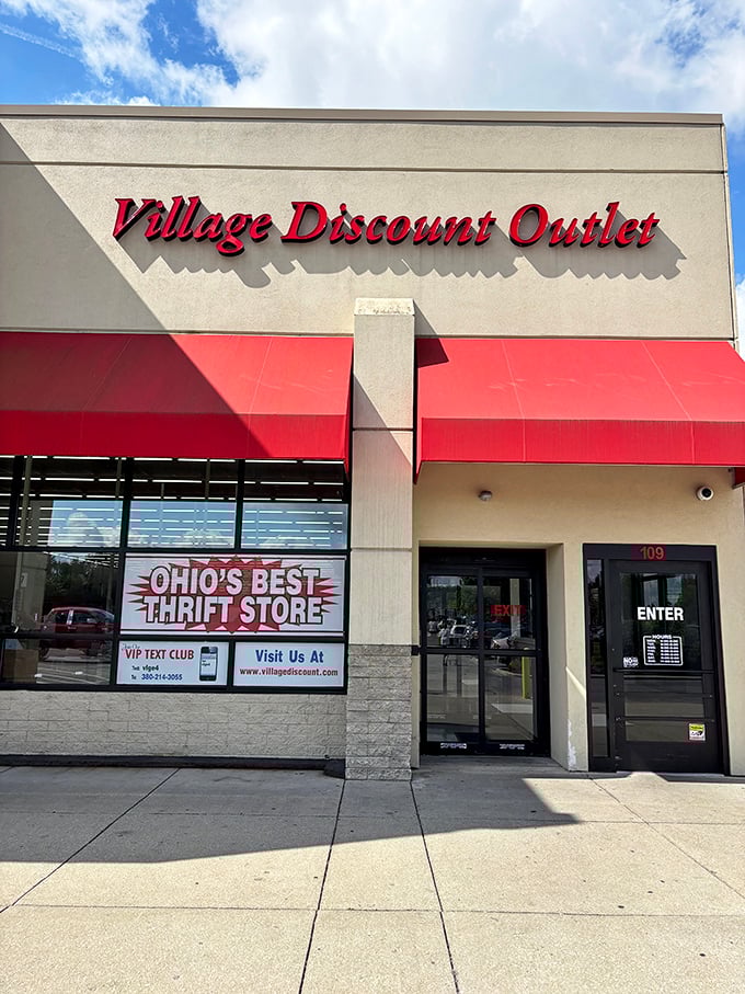 The bright red awning and bold signage promise bargain hunters a thrifting adventure they won't soon forget.