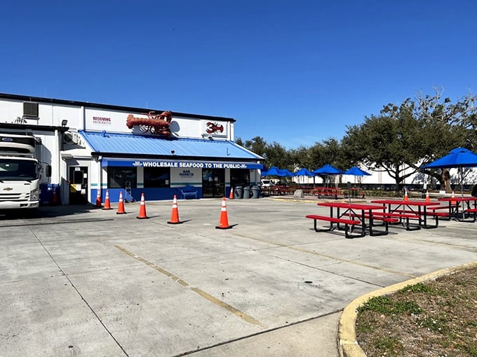 Part seafood warehouse, part lobster paradise. The picnic tables say "casual," but the food screams "five-star ocean feast."