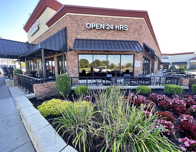 The "OPEN 24 HRS" sign is like a beacon of hope when midnight cravings hit and only a proper breakfast will do.