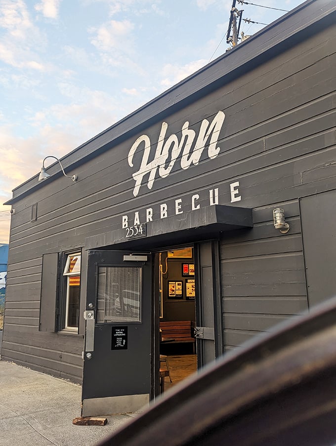 The clean lines and bold lettering of Horn Barbecue stand out under the soft California sky—proof that great flavor needs no flash.