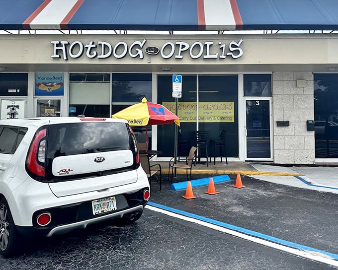 Strip mall exterior, hot dog wonderland interior. Hotdogopolis proves you should never judge a restaurant by its storefront.
