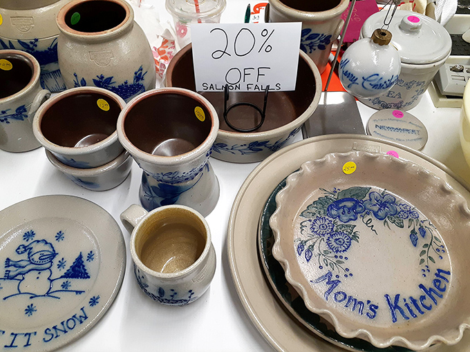 Blue and white pottery sits pretty, proving that some classics never go out of style.