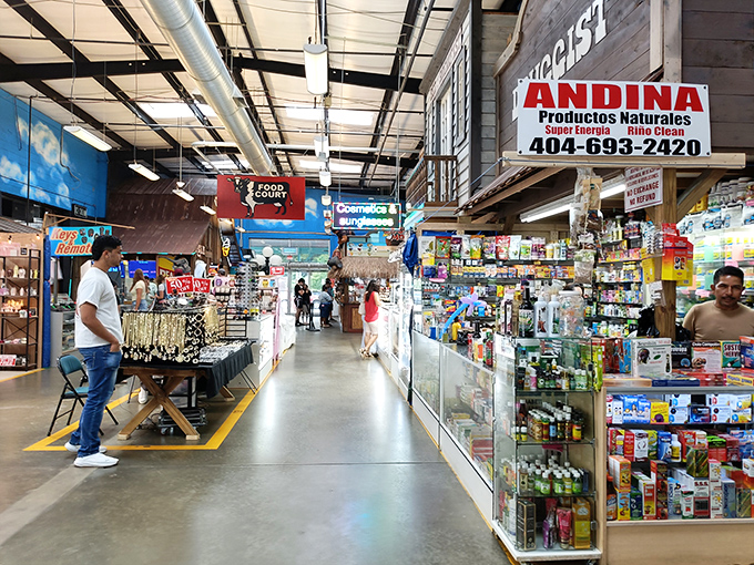 Inside, the market buzzes with activity as shoppers browse everything from fresh produce to household goods.