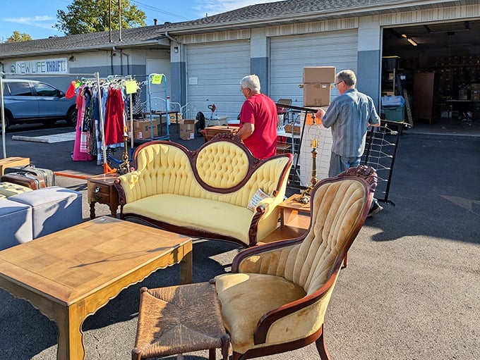 That yellow Victorian sofa isn't just a piece of furniture—it's a conversation starter waiting for its forever home.