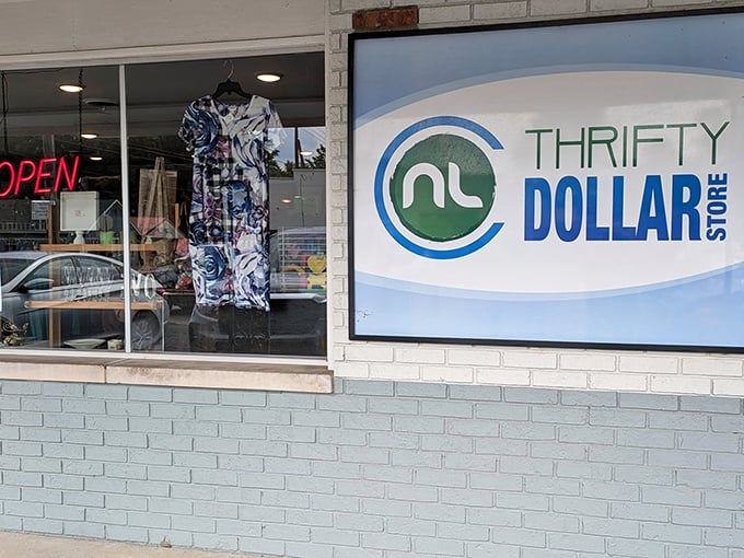 The Thrifty Dollar Store sign promises what we're all searching for—guilt-free shopping that doesn't empty the retirement fund. That wicker chair looks ready for stories.