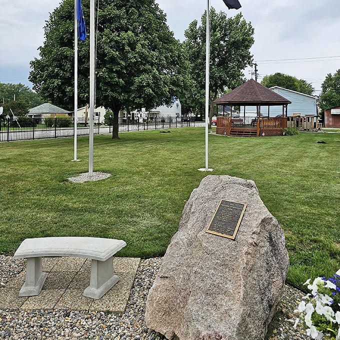 Granite gratitude! Orestes' memorial park offers contemplative bench-sitting at its finest, where flagpoles stand at attention and gazebo gossip is the town's favorite pastime.