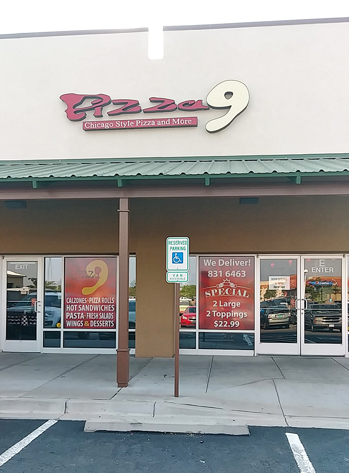 Chicago meets New Mexico at Pizza 9. Their bright, welcoming façade is like a lighthouse guiding hungry souls to deep-dish delights.