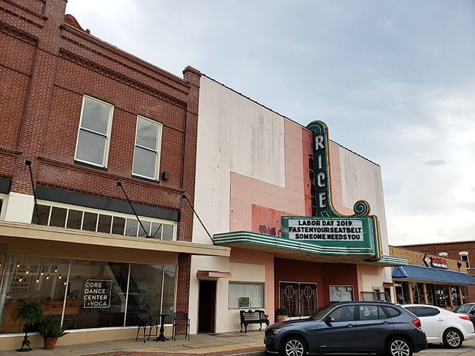The Rice Theatre's vintage marquee stands as Rayne's cultural centerpiece – entertainment that won't make your Social Security check croak.