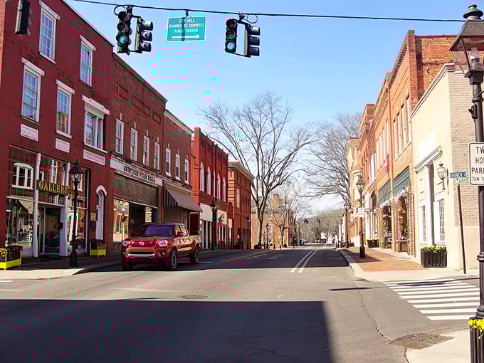 Downtown Rogersville showcases classic American architecture with its red brick buildings and tree-lined streets—quintessential small-town Tennessee.