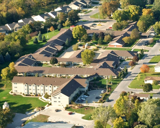 This aerial perspective shows how a well-planned community can blend seamlessly into Iowa's rolling landscape.