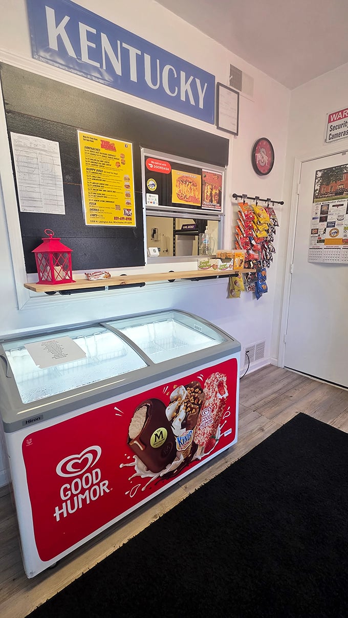 That Kentucky sign and ice cream freezer combo says "small town pride" in the best way.