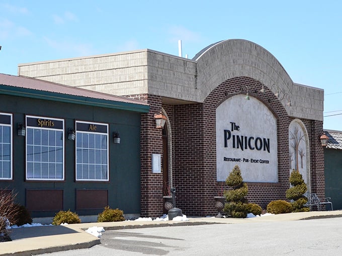 Sunlight highlights The Pinicon's distinctive architecture – where small-town Iowa meets upscale dining without an ounce of pretension.