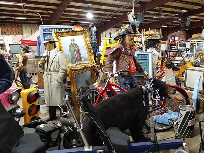 Life-sized figures and vintage treasures create a surreal shopping landscape at White Horse—is that Humphrey Bogart watching you shop?