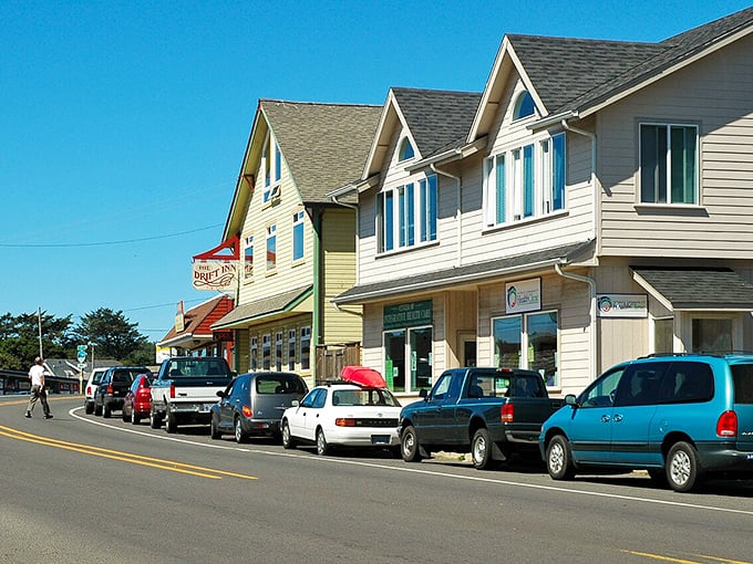 Yachats' cozy buildings huddle together against coastal weather, creating a year-round haven for storm-watchers and sunshine-seekers alike.