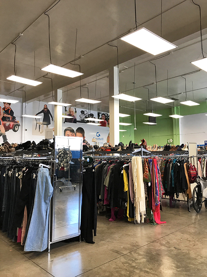 The expansive shopping floor buzzes with activity as patrons sift through decades of fashion history, each rack a time capsule of trends.