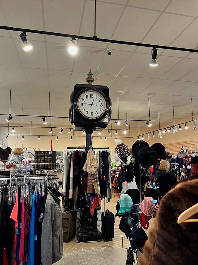 That vintage clock again! It's not just keeping time—it's keeping watch over fashion finds that range from everyday basics to unexpected luxury pieces.