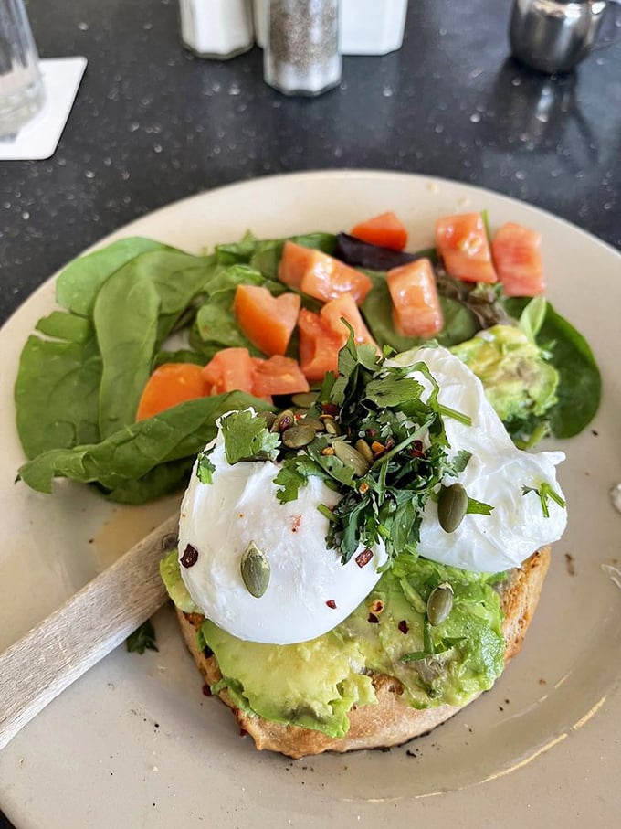 Avocado toast that even your boomer dad would approve of—topped with perfectly poached eggs, fresh herbs, and enough greens to feel virtuous about your choices.