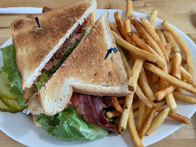The humble BLT elevated to art form—crispy bacon, garden-fresh lettuce, and juicy tomato between perfectly toasted bread, with fries standing by for dipping duty.