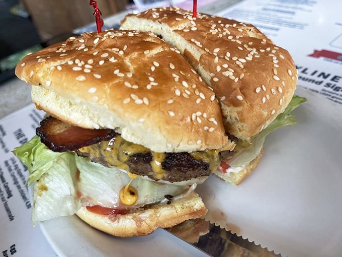 The bacon cheeseburger arrives like a beautiful meat monument – sesame-studded bun, melty cheese, and bacon that means serious business.