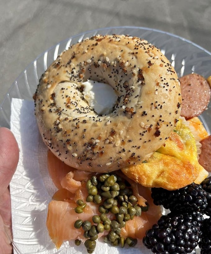 The everything bagel—proof that sometimes "too much" is exactly right. Paired with lox and capers, it's the breakfast equivalent of a perfect chord progression.