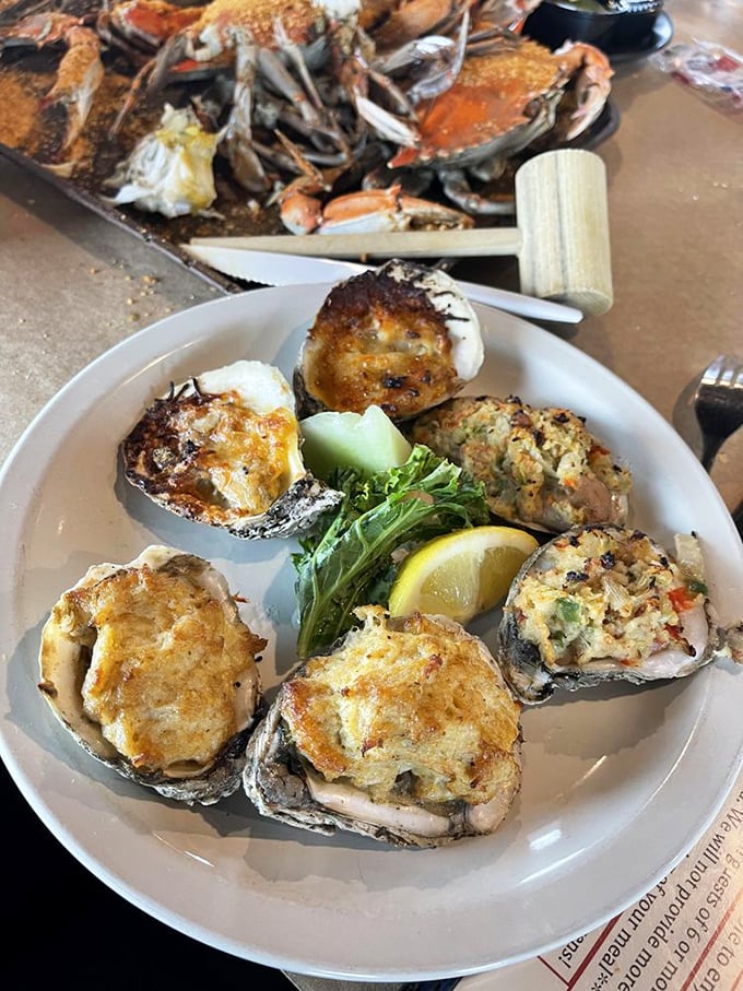 These baked oysters aren't just appetizers—they're little boats of joy sailing straight to your taste buds, topped with a savory treasure of seasoned goodness.