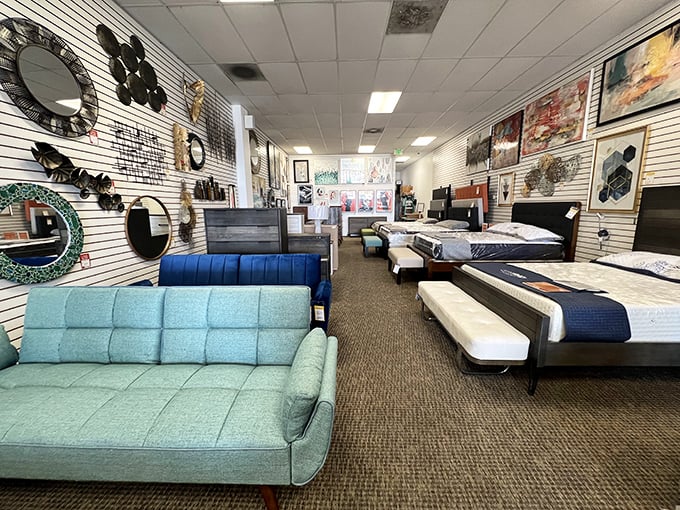 Mid-century dreams come alive in the bedroom section, where vintage-inspired headboards and contemporary frames create a designer's playground.