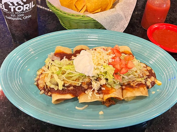 These enchiladas don't just sit on the plate – they command attention with their saucy confidence and generous cheese blanket.
