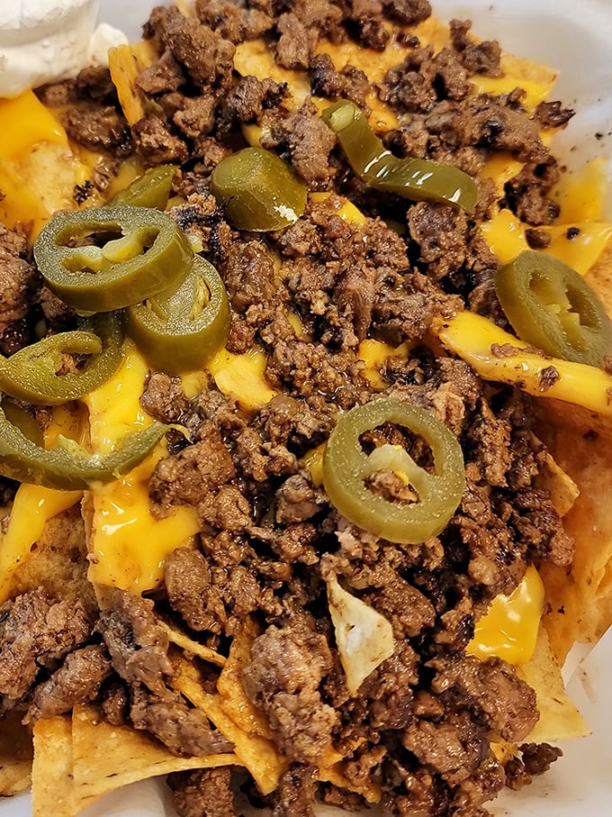 When nachos come loaded like this—with seasoned beef, melted cheese, and jalapeños standing at attention—you know you've found a place that respects proper portion sizes.