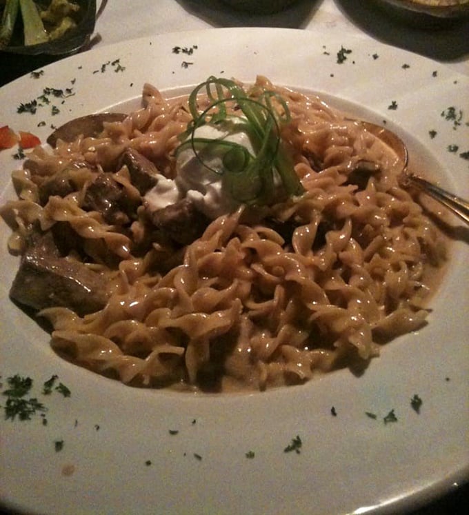 Comfort food gets the royal treatment with this beef stroganoff—pasta swimming in creamy sauce that would make any grandmother nod in approval.