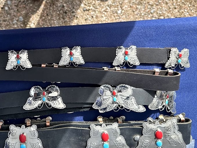These butterfly-adorned belts aren't just accessories—they're wearable art that transforms ordinary jeans into a statement piece worthy of Santa Fe galleries.