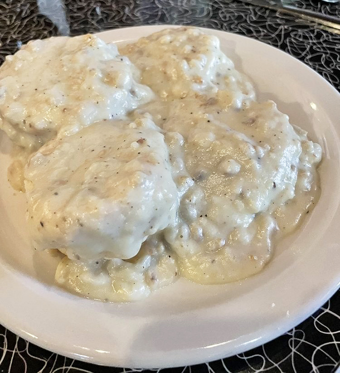 Biscuits and gravy that doesn't hide behind fancy descriptions—just honest, peppery goodness that speaks the universal language of comfort.