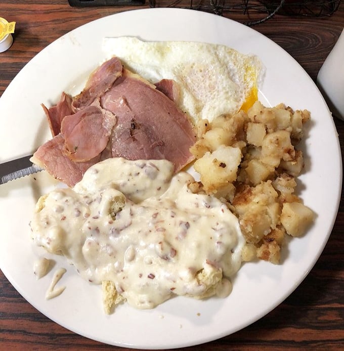 The holy trinity of breakfast comfort – ham, eggs, and gravy that's clearly not counting calories but counting on making your day better.