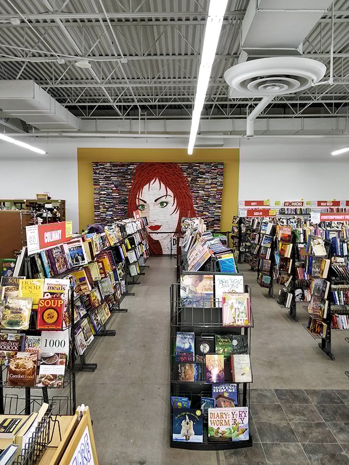 The book section features a striking mural – because even in a digital age, nothing beats the romance of physical pages.
