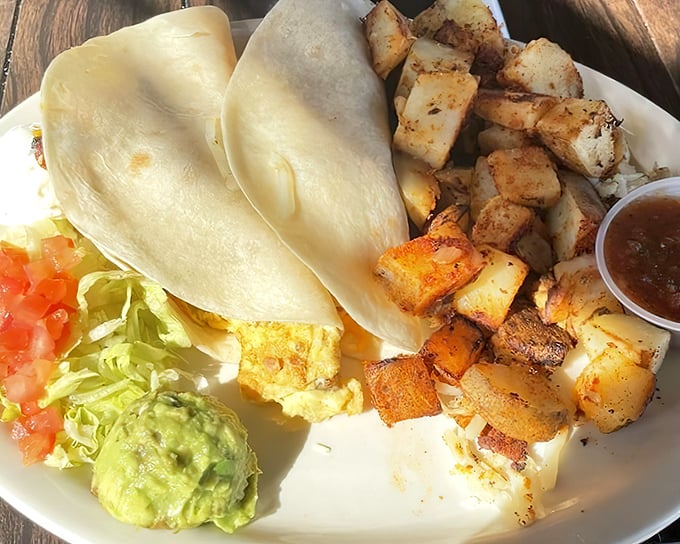 Breakfast tacos that respect both Mexican tradition and American morning appetites—with home fries that deserve their own fan club.