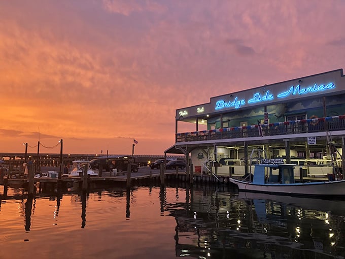 Bridge Side Marina glows at sunset, reminding you that some views are worth the drive to the end of Highway 1.
